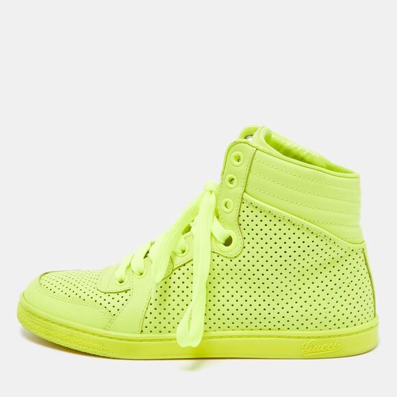 Gucci | Shoes | Gucci Neon Green Leather High Top Sneakers Size 355 ...